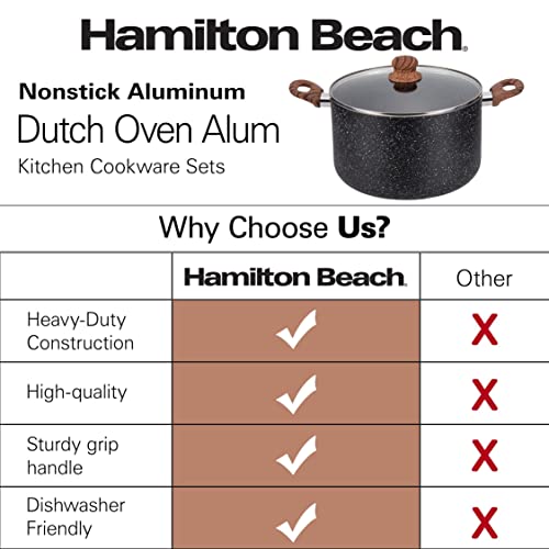 Hamilton Beach 8.5 Quart Nonstick Marble Coating Even Heating Round Dutch Oven Pot with Glass Lid and Wooden Like Soft Touch Handle, Dutch Oven Pot, Braising, Roasting