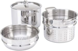 viking culinary 3-ply stainless steel pasta pot, 8 quart, includes pasta & steamer insert, dishwasher, oven safe, works on all cooktops including induction