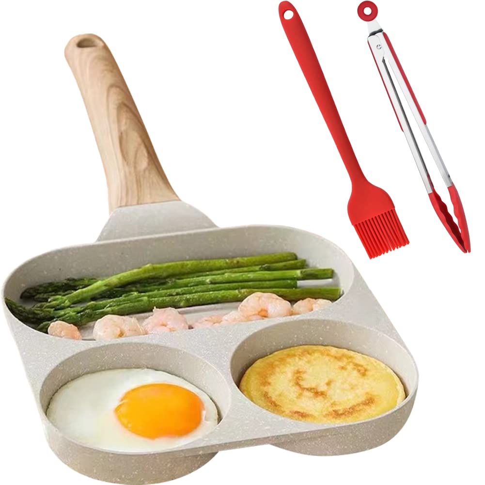 A.B Crew Fried Egg Pan Nonstick, Egg Frying Pan 3 Section Pancake Pan Aluminium Omelet Pan Induction & Gas Stove Compatible Granite Egg Skillet Egg Cooker Pan for Plett Breakfast