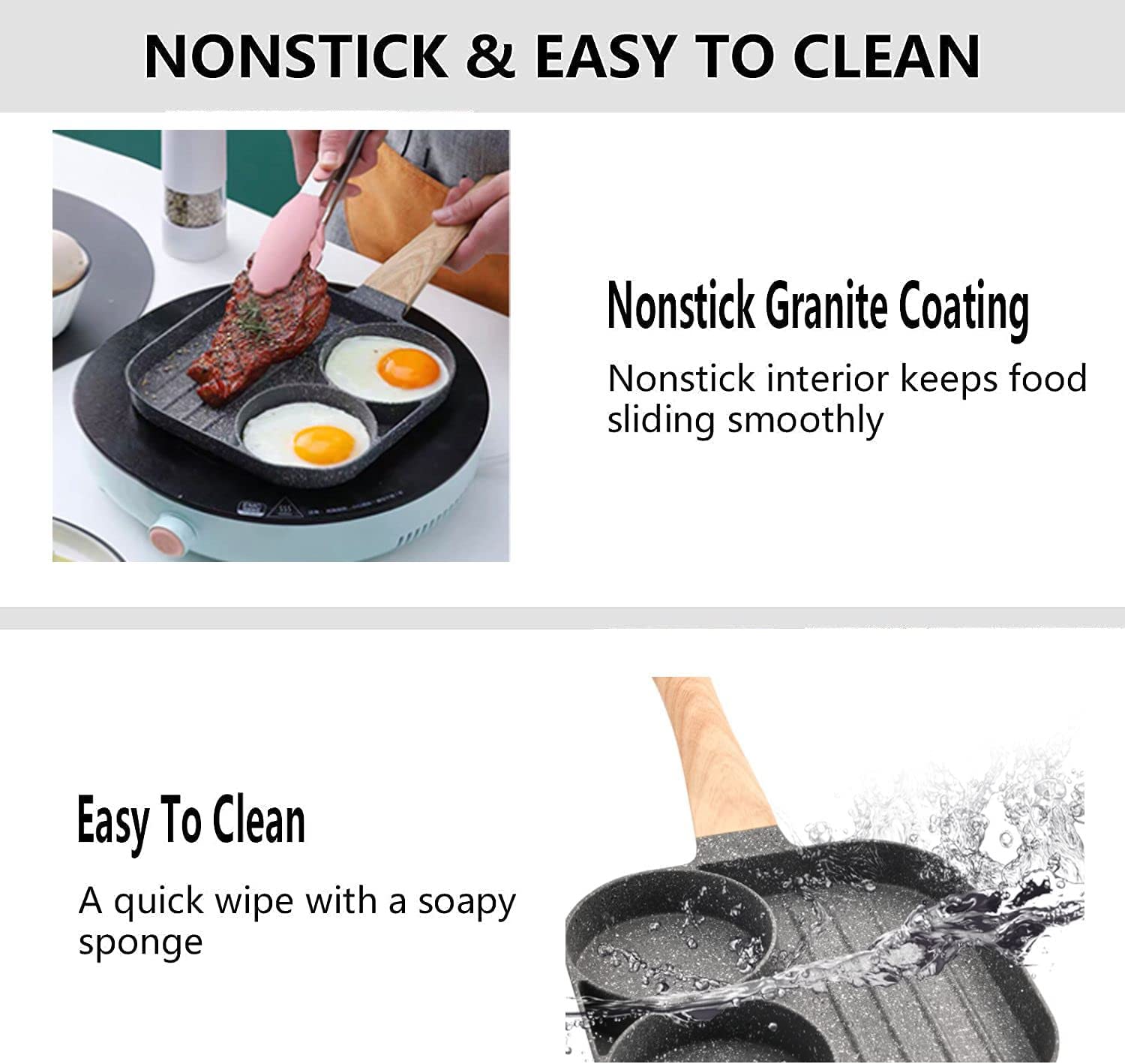 JUSTUP Nonstick Egg Frying Pan, 3-in-1 Nonstick Pan Divided Grill Frying Pan, Heat Resistant Handle 3 Section Skillet Mini Pancake Pan, Cooking Pan for Breakfast, Egg, Bacon and Burgers, 7.3 in