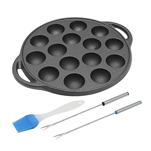 VIKKSAER Cast Iron Takoyaki Pan, 15 Hole Nonstick Grill Pan,1.5'' Half Sphere Maker,Round Cooking Plate with Grease Brush & Fork