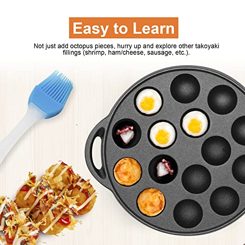 VIKKSAER Cast Iron Takoyaki Pan, 15 Hole Nonstick Grill Pan,1.5'' Half Sphere Maker,Round Cooking Plate with Grease Brush & Fork