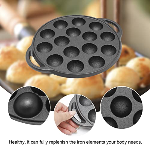 VIKKSAER Cast Iron Takoyaki Pan, 15 Hole Nonstick Grill Pan,1.5'' Half Sphere Maker,Round Cooking Plate with Grease Brush & Fork