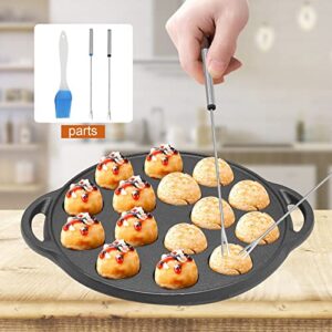 VIKKSAER Cast Iron Takoyaki Pan, 15 Hole Nonstick Grill Pan,1.5'' Half Sphere Maker,Round Cooking Plate with Grease Brush & Fork