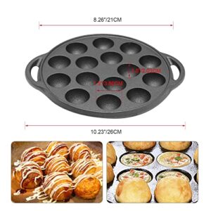 VIKKSAER Cast Iron Takoyaki Pan, 15 Hole Nonstick Grill Pan,1.5'' Half Sphere Maker,Round Cooking Plate with Grease Brush & Fork