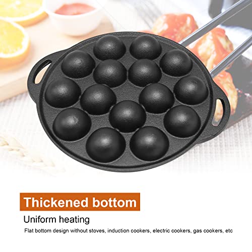 VIKKSAER Cast Iron Takoyaki Pan, 15 Hole Nonstick Grill Pan,1.5'' Half Sphere Maker,Round Cooking Plate with Grease Brush & Fork