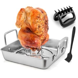 lianyu roasting pan with beer can chicken holder, stainless steel roaster pan for grill smoker or oven, heavy duty lasagna veggies cooking tray, plus meat claws & brush, dishwasher safe, 5 pieces