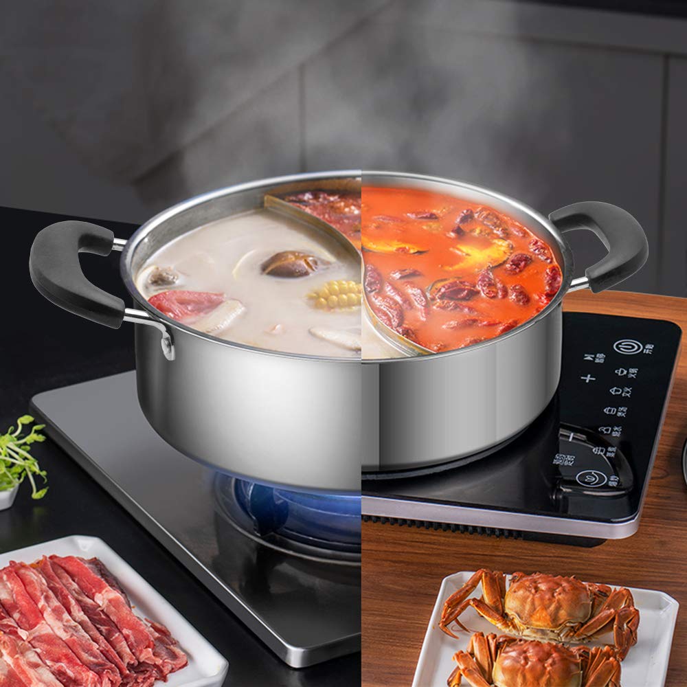 Hot Pot with Divider Stainless Steel Shabu Shabu Pot for Induction Cooktop Gas Stove 11’’ Suitable for 2-3 Person (11 inch)