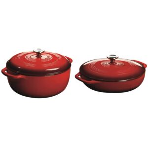 lodge ec7d43 enameled cast iron dutch oven, 7.5-quart, island spice red & ec3cc43 enameled cast iron covered casserole, 3-quart, island spice red