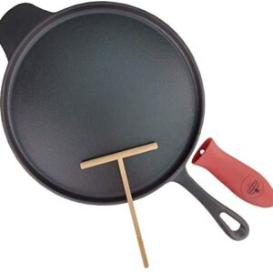 La Cuisine Cast Iron Crepe Pan with Wood Spreader Heat Resistant Handle Sleeve Tawa Dosa Tortilla Pan 11.8" Dia Matte Black Enamel Coating PFOA Free