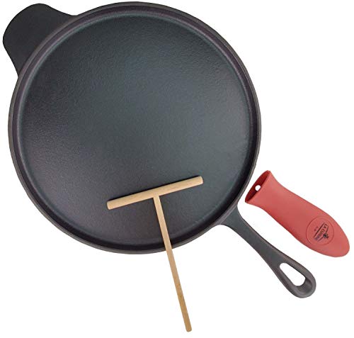 La Cuisine Cast Iron Crepe Pan with Wood Spreader Heat Resistant Handle Sleeve Tawa Dosa Tortilla Pan 11.8" Dia Matte Black Enamel Coating PFOA Free