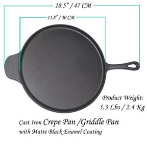 La Cuisine Cast Iron Crepe Pan with Wood Spreader Heat Resistant Handle Sleeve Tawa Dosa Tortilla Pan 11.8" Dia Matte Black Enamel Coating PFOA Free