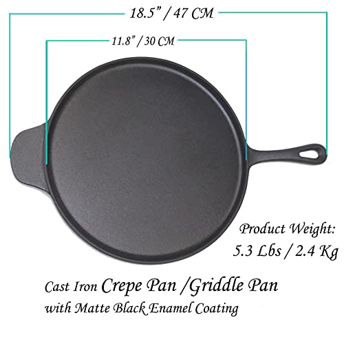 La Cuisine Cast Iron Crepe Pan with Wood Spreader Heat Resistant Handle Sleeve Tawa Dosa Tortilla Pan 11.8" Dia Matte Black Enamel Coating PFOA Free