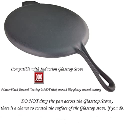 La Cuisine Cast Iron Crepe Pan with Wood Spreader Heat Resistant Handle Sleeve Tawa Dosa Tortilla Pan 11.8" Dia Matte Black Enamel Coating PFOA Free