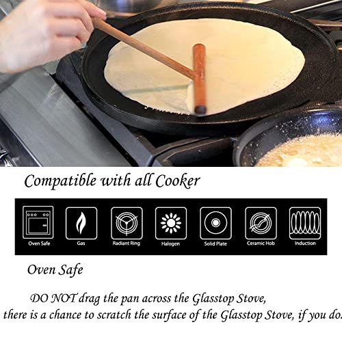 La Cuisine Cast Iron Crepe Pan with Wood Spreader Heat Resistant Handle Sleeve Tawa Dosa Tortilla Pan 11.8" Dia Matte Black Enamel Coating PFOA Free