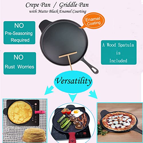 La Cuisine Cast Iron Crepe Pan with Wood Spreader Heat Resistant Handle Sleeve Tawa Dosa Tortilla Pan 11.8" Dia Matte Black Enamel Coating PFOA Free