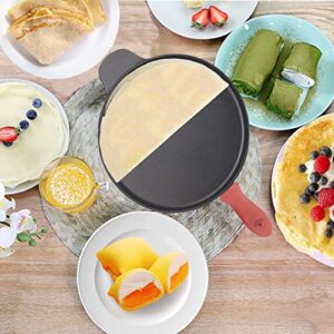 La Cuisine Cast Iron Crepe Pan with Wood Spreader Heat Resistant Handle Sleeve Tawa Dosa Tortilla Pan 11.8" Dia Matte Black Enamel Coating PFOA Free