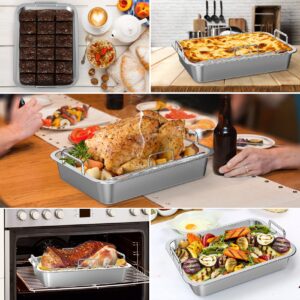 onlyfire Roasting Pan with U-Rack - Stainless Steel Barbecue Bakeware Roaster, 16 Inch Rectangular Turkey Roaster Lasagna Pan for Roasting Turkey, Chicken, Meat & Vegetables, Oven Safe