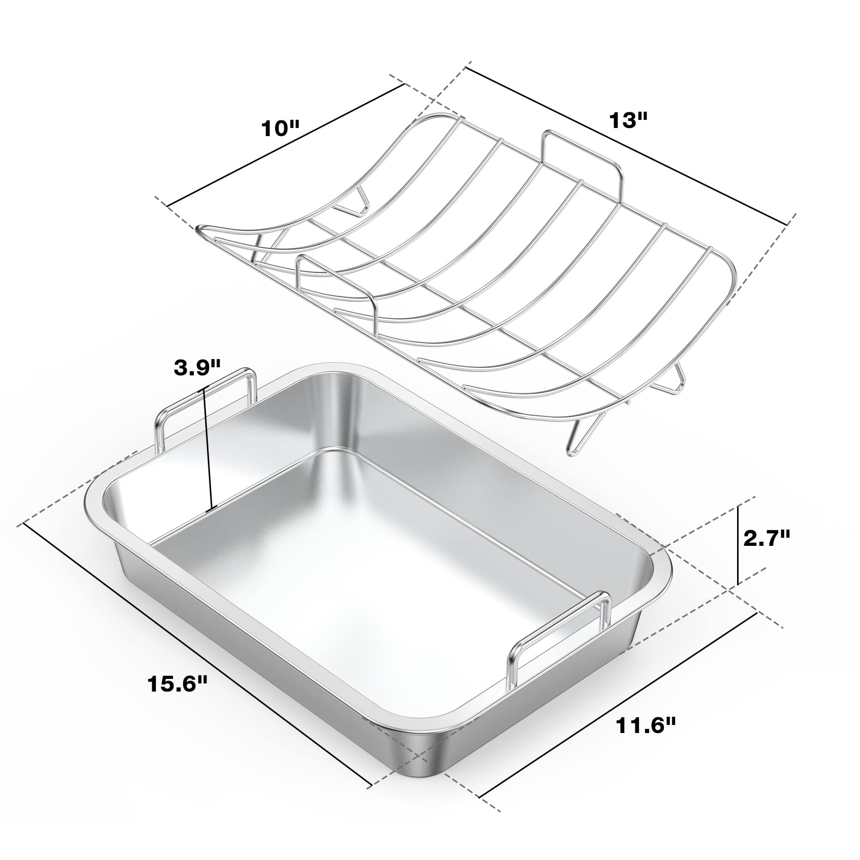 onlyfire Roasting Pan with U-Rack - Stainless Steel Barbecue Bakeware Roaster, 16 Inch Rectangular Turkey Roaster Lasagna Pan for Roasting Turkey, Chicken, Meat & Vegetables, Oven Safe