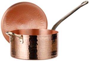 demmex 1mm thick hammered unlined uncoated solid copper sugar sauce zabaglione pan candy jam caramel dessert pot with lid and helper handle, handmade in turkey, (1.7-quart)