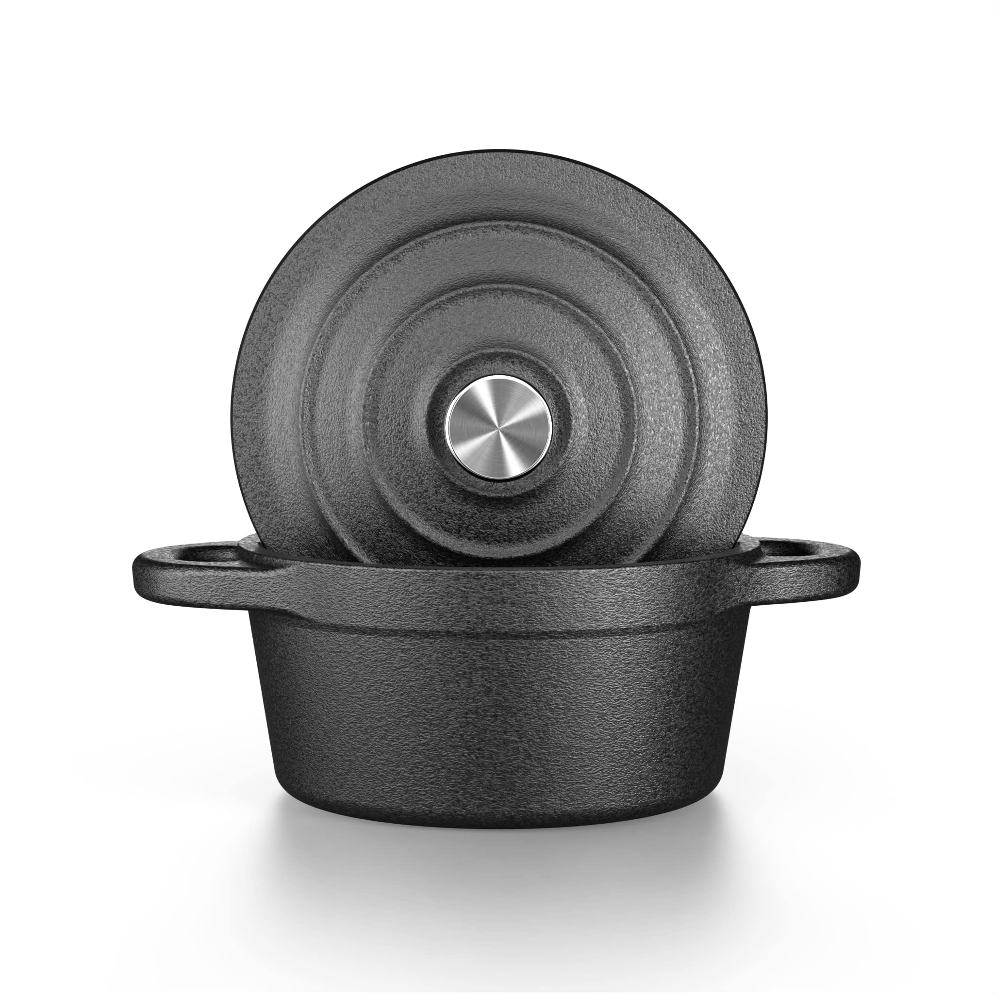 Garlic Roaster Baker, Cast Iron Dutch Oven Pre-Seasoned, Mini Cocotte, 1 Cup Capacity, Black, Ramekin with Lid, for BBQ Grill or Oven, by Bazaar LM-ents (Flat Lid)