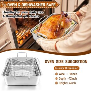 Joyfair 14-inch Roasting Pan with Rack, Stainless Steel Turkey Roaster Baking Pan & V-Shaped Rack for Chicken Meat Vegetable, Rectangular Lasgana Pan with Riveted Handle, Heavy Duty & Dishwasher Safe