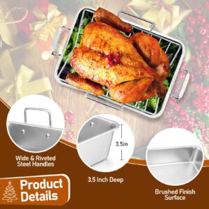 Joyfair 14-inch Roasting Pan with Rack, Stainless Steel Turkey Roaster Baking Pan & V-Shaped Rack for Chicken Meat Vegetable, Rectangular Lasgana Pan with Riveted Handle, Heavy Duty & Dishwasher Safe