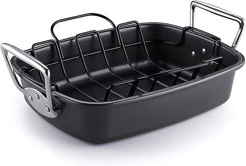 Cook N Home Nonstick Roasting Pan Bakeware Roaster with Rack, 17x13-inches, Black