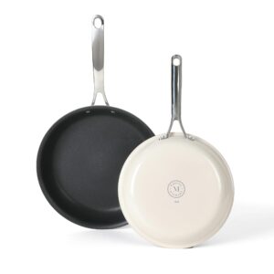 martha stewart lockton 2 piece 10" & 12" heavy gauge aluminum premium nonstick fry pan set - linen