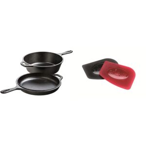 lodge lcc3 pre-seasoned cast-iron combo cooker, 3.2-quart and lodge scraperpk durable polycarbonate pan scrapers, red and black, 2-pack bundle