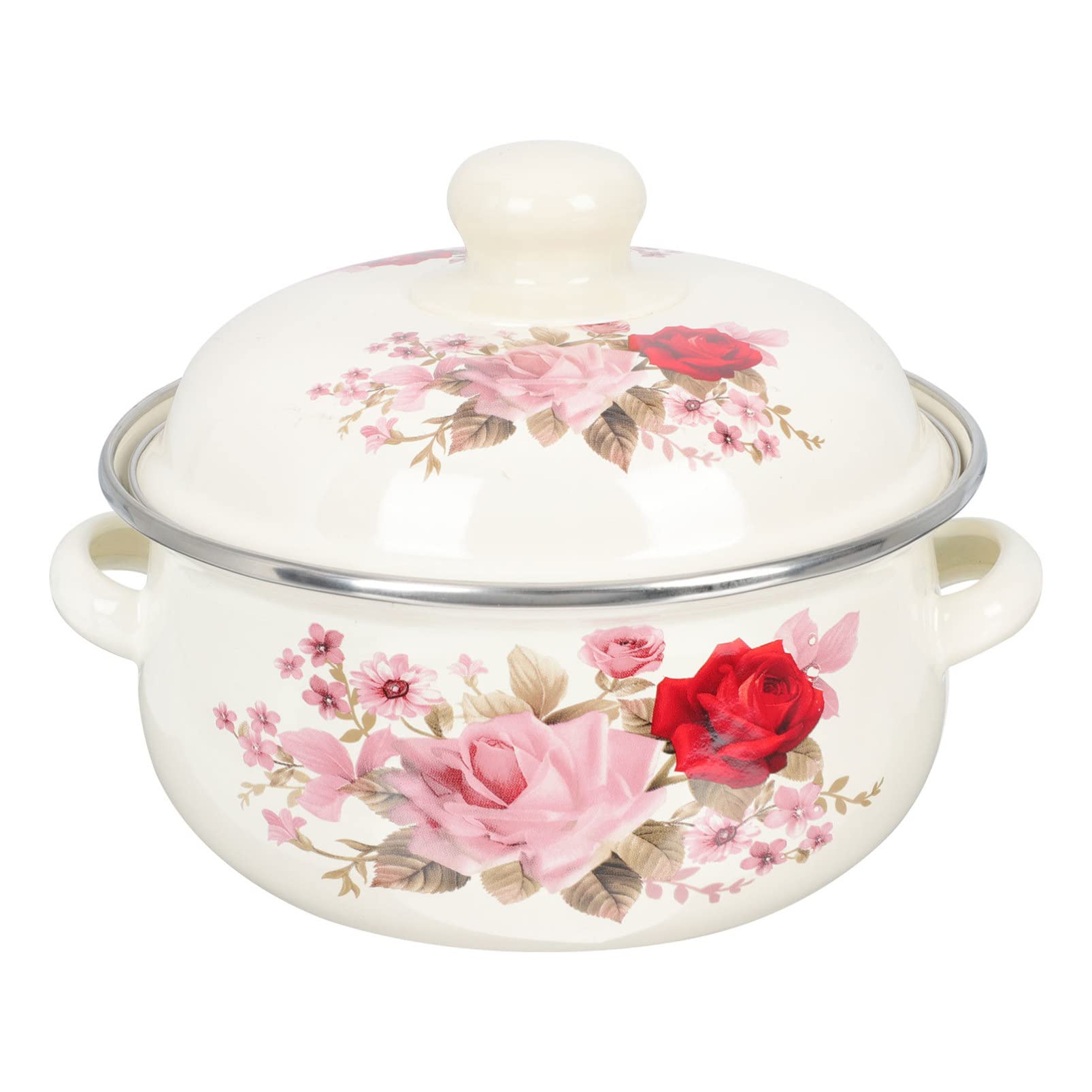 1L Flower Enamel Stock Pot with Lid Large Cooking Pot Flat Bottom Stew Pot for Soup, Stew, Canning