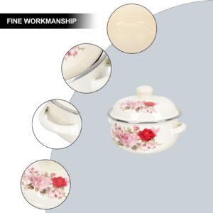 1L Flower Enamel Stock Pot with Lid Large Cooking Pot Flat Bottom Stew Pot for Soup, Stew, Canning