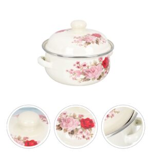 1L Flower Enamel Stock Pot with Lid Large Cooking Pot Flat Bottom Stew Pot for Soup, Stew, Canning