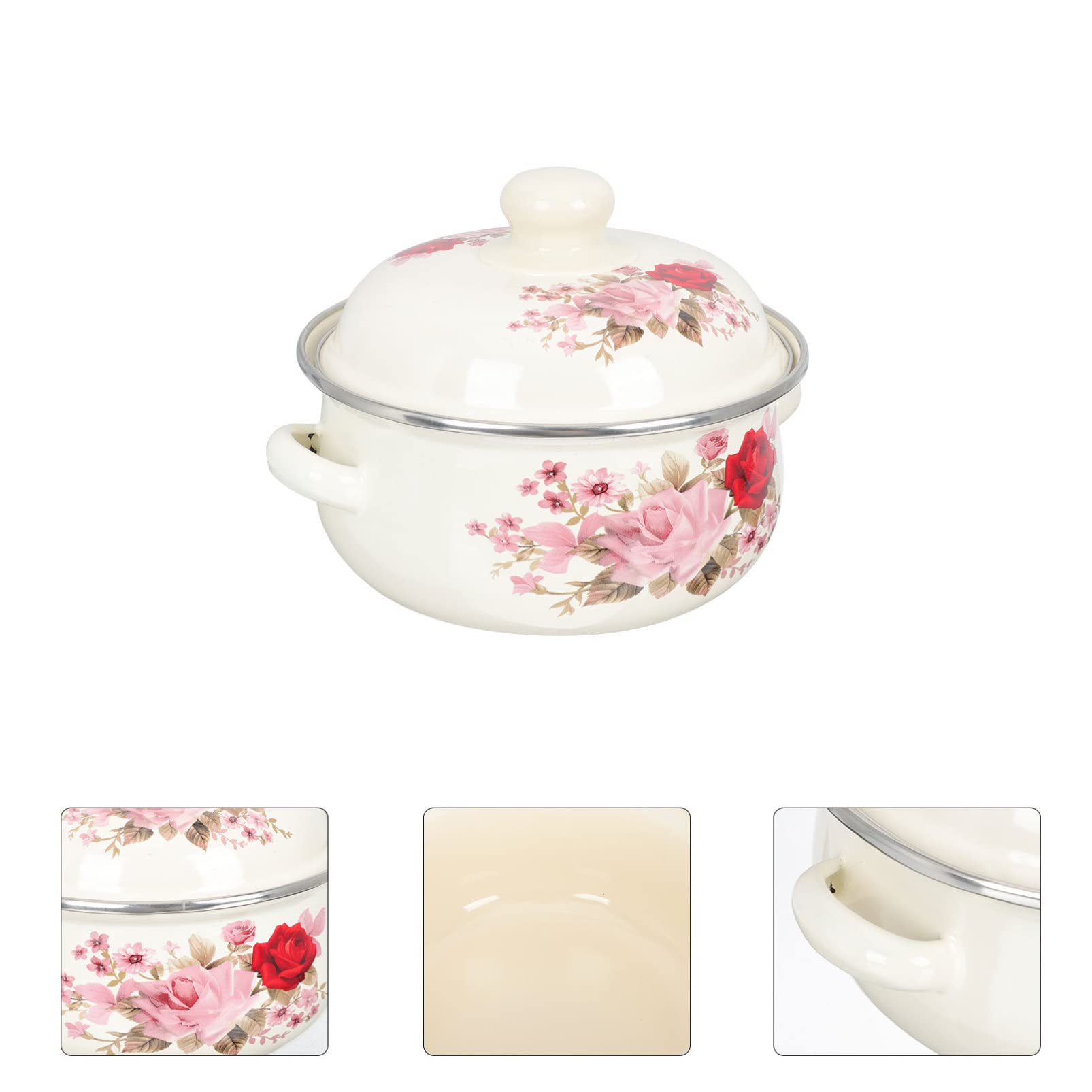 1L Flower Enamel Stock Pot with Lid Large Cooking Pot Flat Bottom Stew Pot for Soup, Stew, Canning