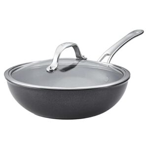 anolon x seartech aluminum nonstick cookware stir fry wok with lid, 10-inch, super dark gray