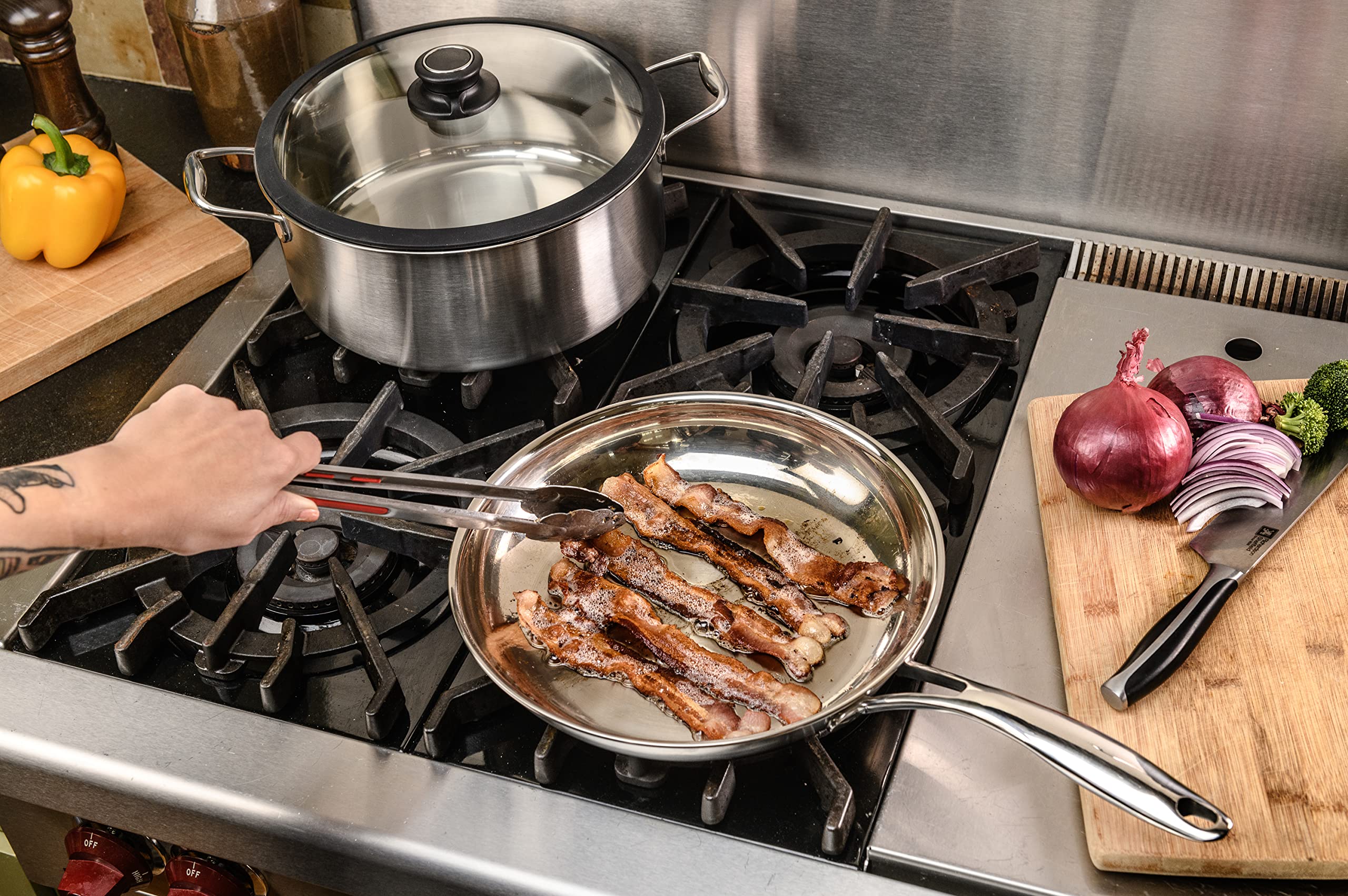 Black Cube Stainless Steel 9.5-inch Frying Pan, 3 Ply Professional Grade Steel Skillet, Sliver, Dishwasher Safe