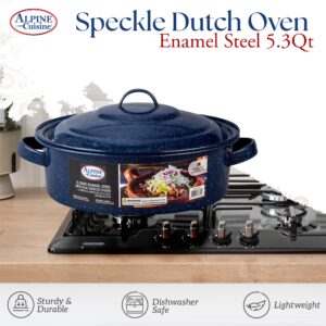 Alpine Cuisine Enamel Steel Dark Blue Speckle Dutch Oven 5.3 Quart - Non-Stick Coating Dutch Oven Pot with Lid & Eco-Friendly Carrying Handles, Multi-Purpose Cookware Pot for Baking, Roasting