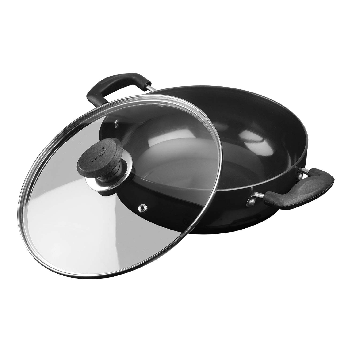 Vinod Black Pearl Hard Anodized Deep Kadhai with Glass Lid – Black - 3.1 Liters (3.2 Quarts) – 24cm – Riveted Handles - Multi-Use Pot/ Wok - Suitable For Indian Cooking, Sauces, Pasta, Stews, Soups