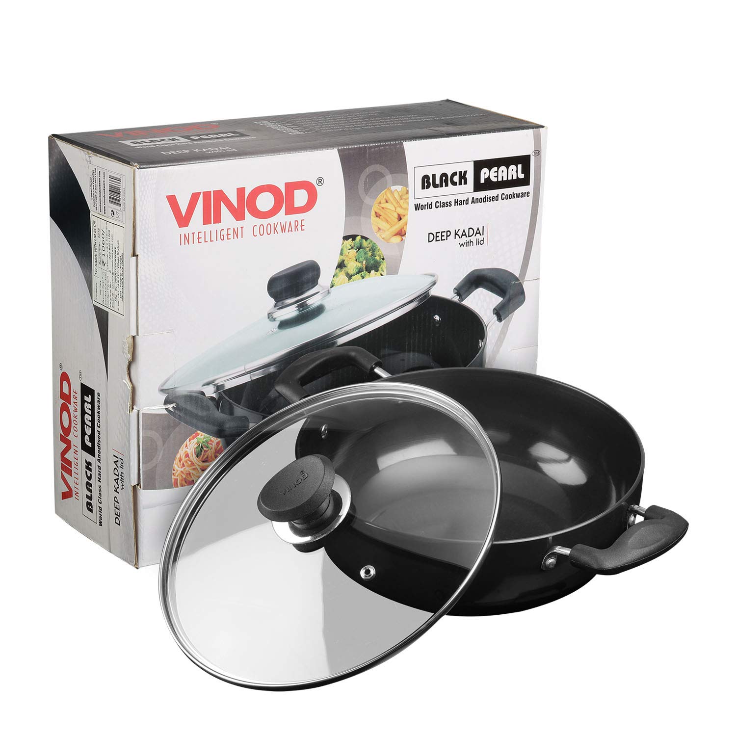 Vinod Black Pearl Hard Anodized Deep Kadhai with Glass Lid – Black - 3.1 Liters (3.2 Quarts) – 24cm – Riveted Handles - Multi-Use Pot/ Wok - Suitable For Indian Cooking, Sauces, Pasta, Stews, Soups