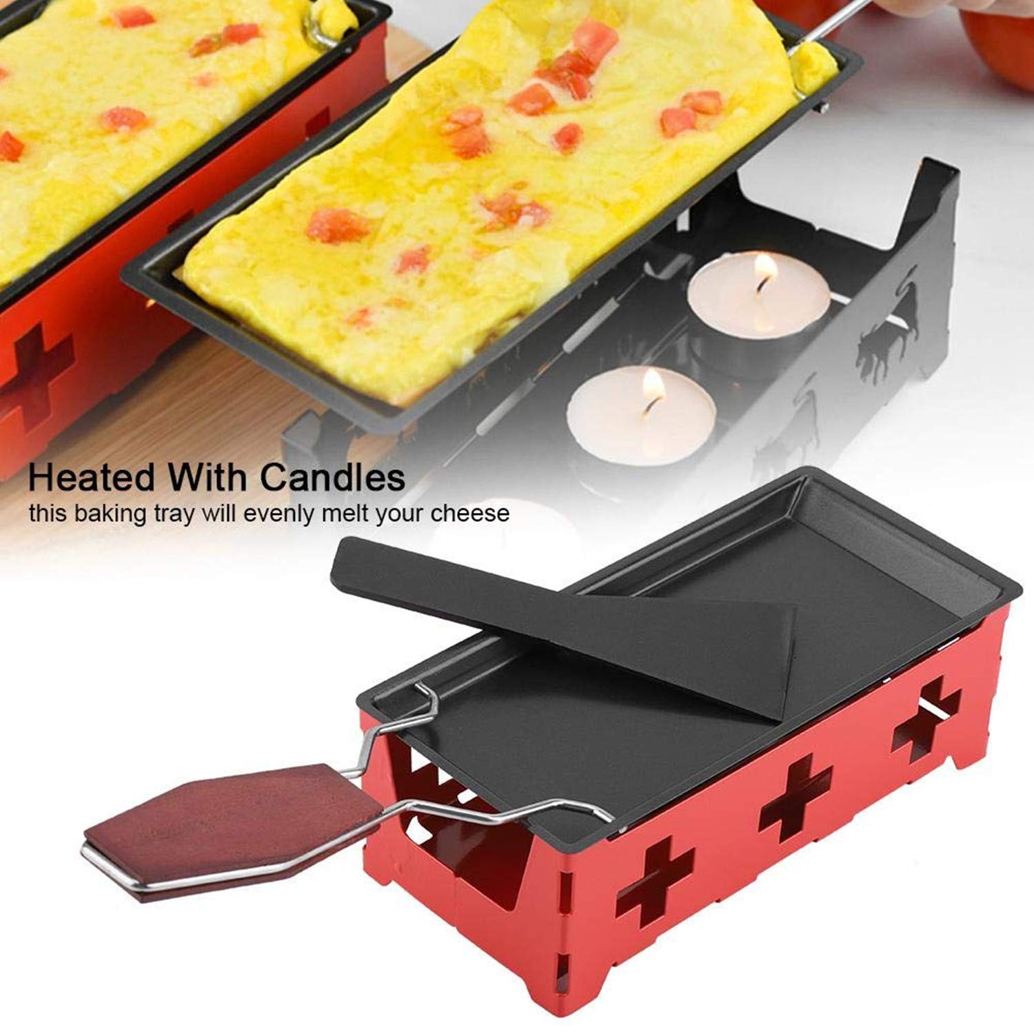 Cheese Raclette Stretchable Non Stick Cheese Rotaster Baking Tray, Iron Metal Grill Plate Accessories Cheese Melter, Baking Tray, Red Hob, Spatula