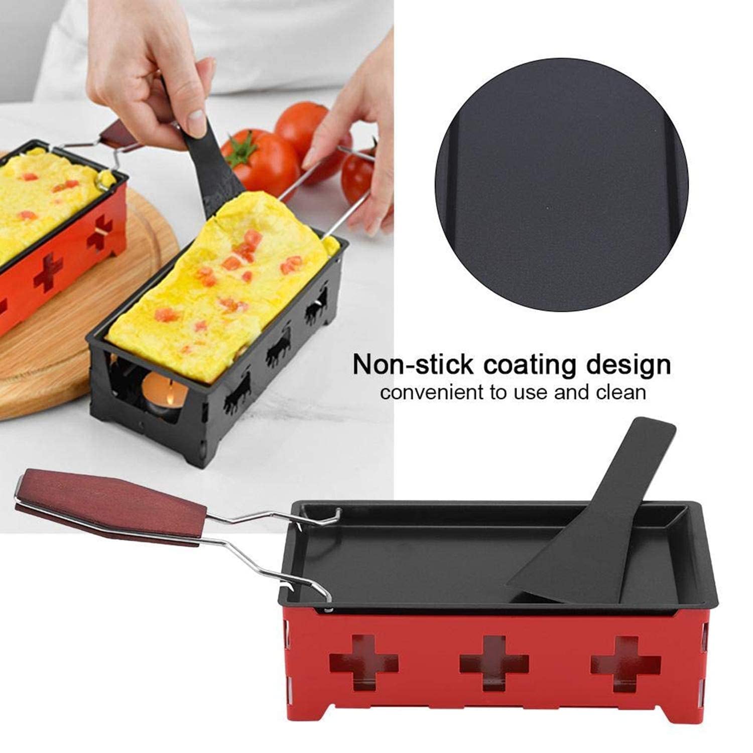 Cheese Raclette Stretchable Non Stick Cheese Rotaster Baking Tray, Iron Metal Grill Plate Accessories Cheese Melter, Baking Tray, Red Hob, Spatula