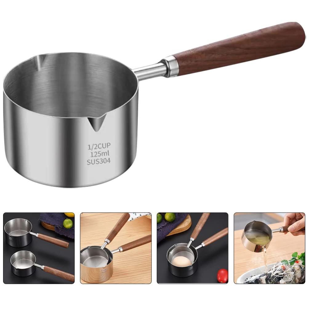 Luxshiny Tool Saucepan with Pour Spouts Stainless Steel Sauce Pan Wood Handle Cooking Pot Mini Butter Warmer Small Nonstick Pot Wax Melting Pot Water Ladle Measuring Cup 125ml Griddle Pan