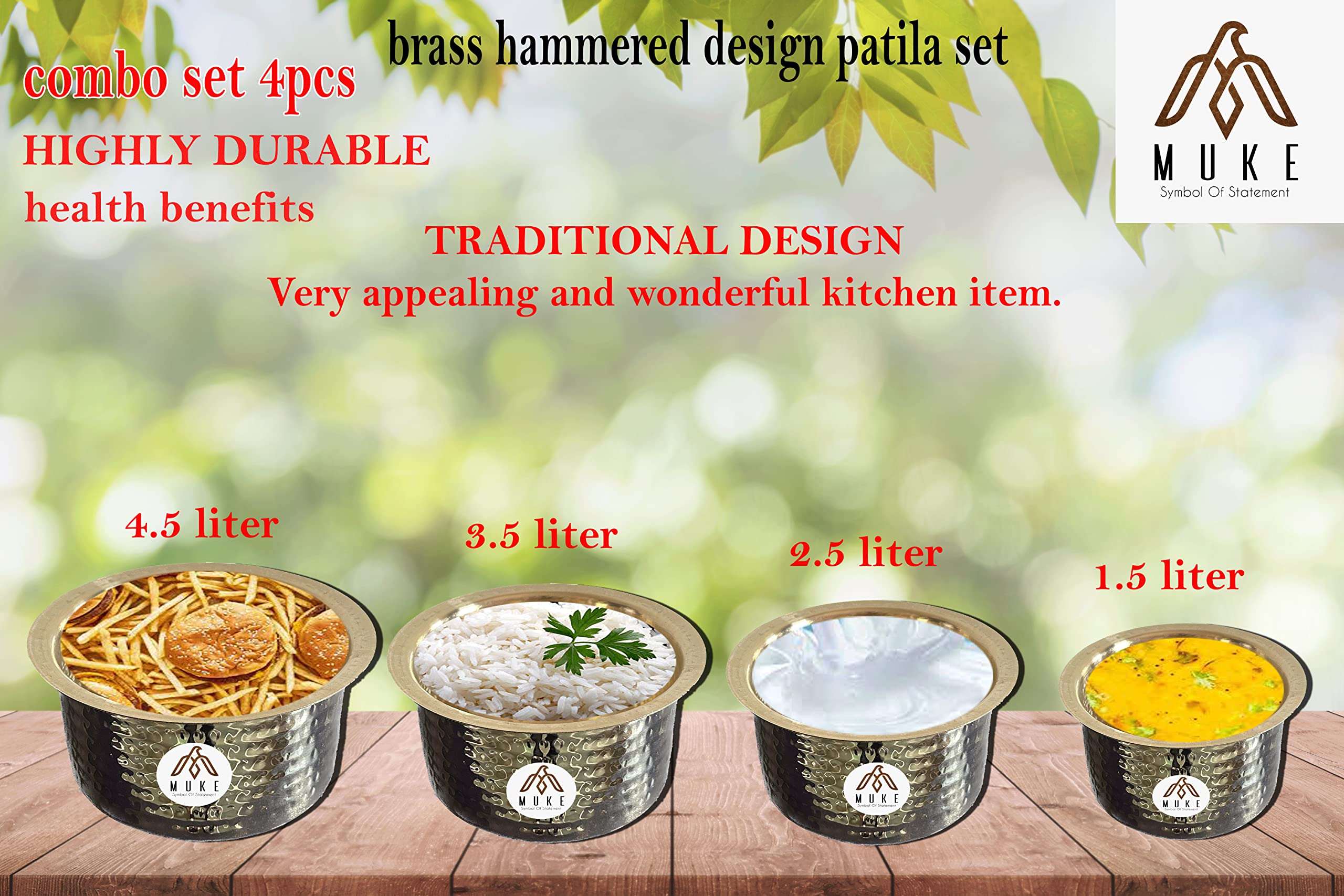 MUKE® Brass Hammered Patila, Brass Tope, Brass Cookware, Patila, Round Heavy Bottom Tapeli, Bhagona (1liter)