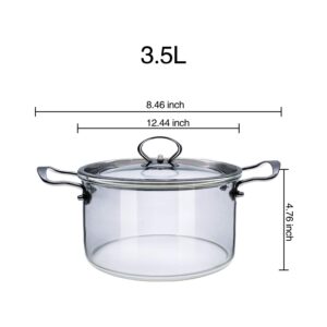 Glass Pot with Lid Heat Resistant ABHOME Stainless Steel Double Handles Stovetop Glassware for Cooking, Glass Saucepan for Soup, Milk, Pasta & Baby Food Stovetop Glass Cookware(3.5 Liter) …