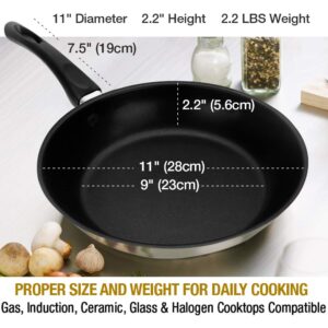 HOMICHEF 11 Inch Nonstick Frying Pan Glass Lid - 11 Inches Frying Pans Nonstick with Lid Induction Compatible - Nickel Free Stainless Steel Omelet Pan Nonstick - Nonstick Fry Pan Vented Glass Lid