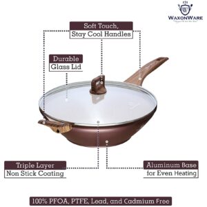 WaxonWare 12.5 Inch Non Stick Wok With Glass Lid Coated With Marbellous (A 100% PFOA & APEO Free German Non Stick Coating) - For Stir-Frying, Shallow Frying, Deep Frying & Braising