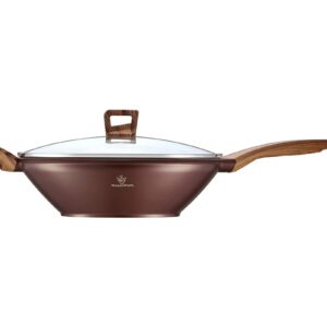 WaxonWare 12.5 Inch Non Stick Wok With Glass Lid Coated With Marbellous (A 100% PFOA & APEO Free German Non Stick Coating) - For Stir-Frying, Shallow Frying, Deep Frying & Braising