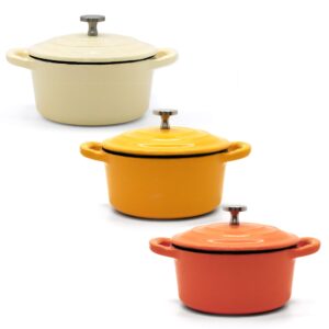 rj legend 8.5 oz. mini cocotte with lid, set of 3 small dutch oven for baking, enameled cast iron ramekin, 0.25 quart, orange/white/yellow, 3 piece