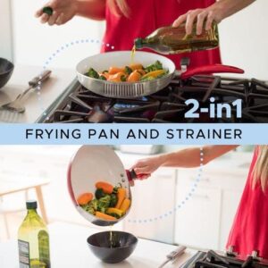 Generic Handy Pan 2-in-1 Nonstick Frying Pan & Strainer, 10-Inch, Ceramic & Stainless Steel, PFOA Free, Dishwasher Safe, Induction, Gas & Electric Stove