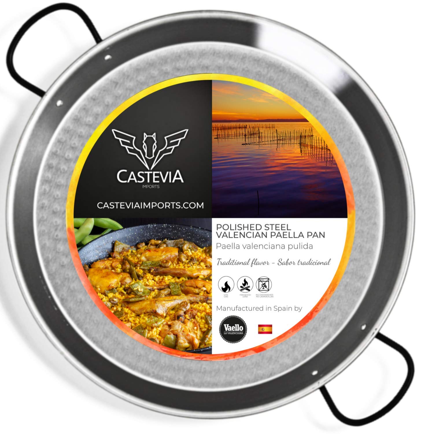 Vaello by Castevia Imports Polished Steel Valenciano paella pan 17Inches / 42cm / 10 servings